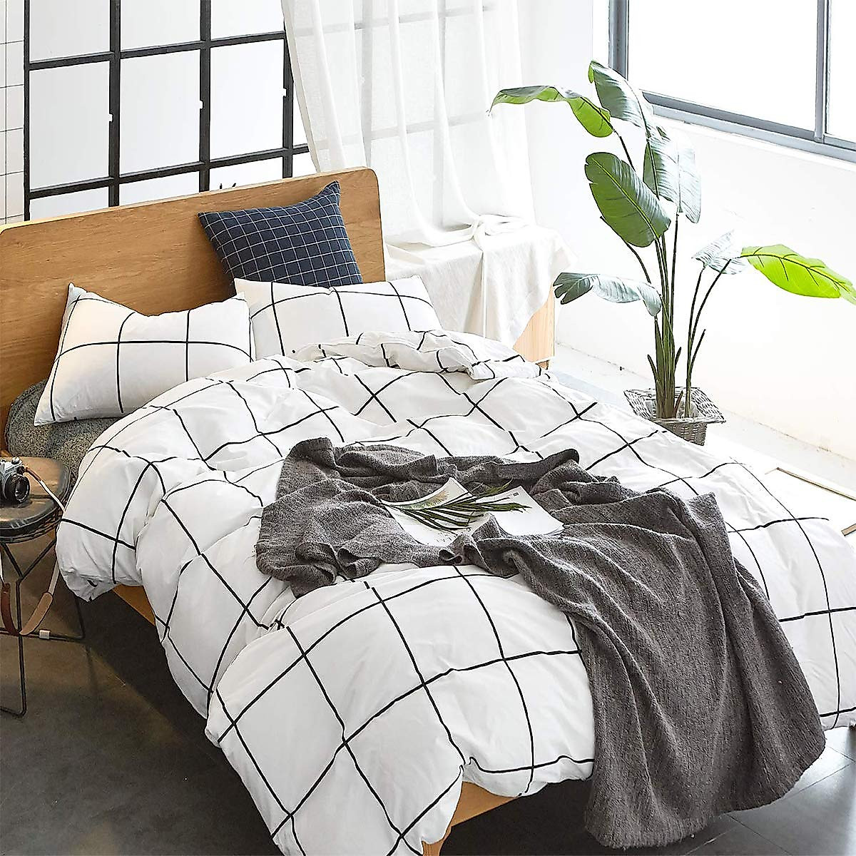 Wellboo White Plaid Duvet Cover Set Queen Size Black and White Grid Bedding Cover Cotton Modern Large Plaid Checkered Quilt Covers Soft Durable Buffalo Plaid Geometric Duvet Covers Breathable 3 Pieces