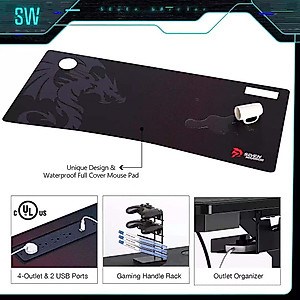 SEVEN WARRIOR Gaming Desk 55INCH with Power Outlet & Dual Monitor Mount, Carbon Fiber Surface Computer Gamer Desk with Full Desk Mouse Pad, Ergonomic Y Shaped Gamer Table with Outlet Organizer