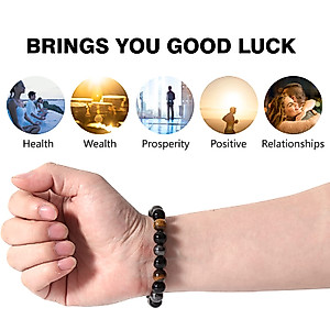 Fishent Triple Protection Bracelet, Black Obsidian Hematite Bracelet, Bring Lucky and Prosperity, Tiger Eye Beaded Bracelets for Men and Women, Good Luck Crystal Bracelet Adjustable Elastic