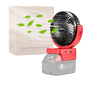 Rozlchar Portable Cordless Fan For Milwaukee M18 18V Battery, Work for M18 48-11-1860, 48-11-1850, Brushless Motor With USB A+C Fast Charging For Camping Workshop and Construction Site(No Battery)