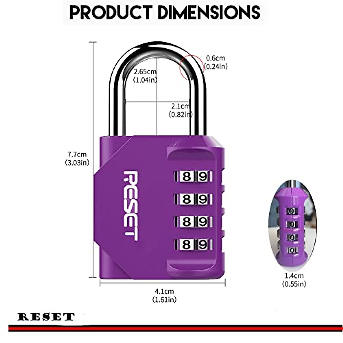 RESET-060 4 Digit Combination Lock Outdoor Padlock for School Gym Sports Locker Fence Toolbox Gate Suitcase Hasp Purple