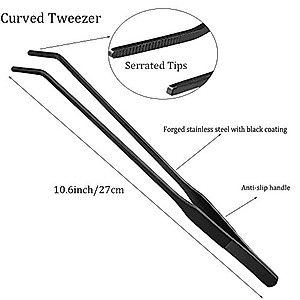 Wenplus 2PCS Aquarium Tweezers Stainless Steel Straight and Curved Tweezers Set Long Handle Reptile Feeding Tongs for Aquatic Plants Lizards Spider Snakes Garden Repairing - 10.6inch, Black