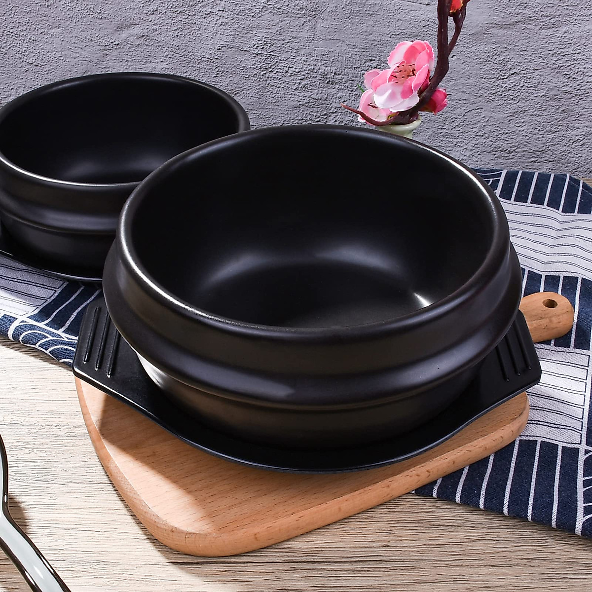 Swlthwen Korean Stone Bowl with Tray, Premium Ceramic, Stone Hot Pot for Bibimbap Soup Korean Stone Bibimbap
