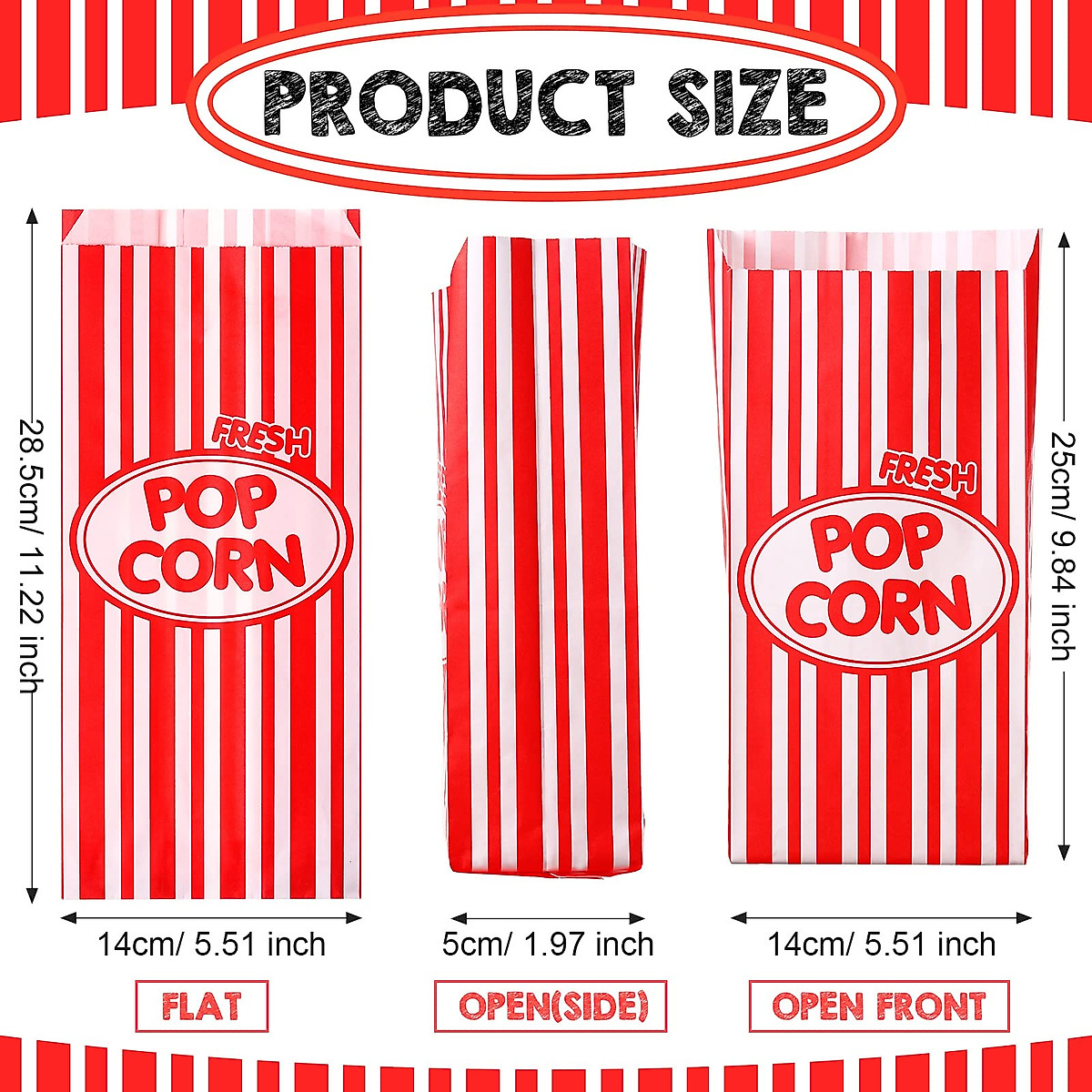 300 Pcs Popcorn Bags Popcorn Boxes Paper Red and White Movie Popcorn Bags for Carnival Movie Theme Party Supplies (5.51 x 1.97 x 11.22 Inches)