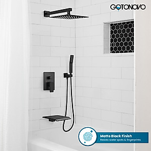 gotonovo 10'' Rain Shower Faucet System Rainfall Shower Head with Handheld Sprayer Waterfall Tub Spout Wall Mounted Mixer Combo Rough-in Valve and Trim Included 7.9 Inch Wide Spout Matte Black