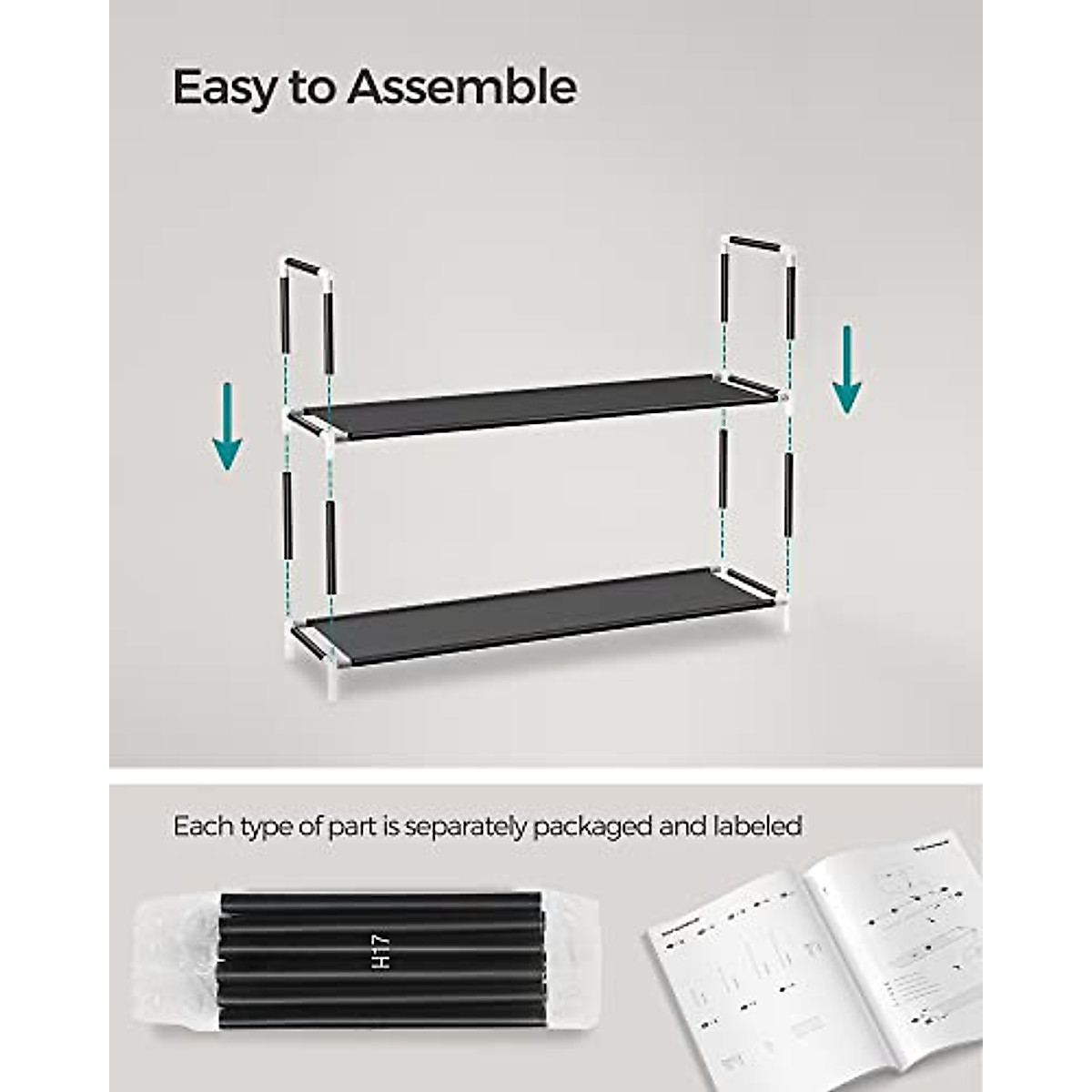 SONGMICS 10-Tier Shoe Rack, Storage Storage Organizer, Holds up to 50 Pairs, Metal Frame, Non-Woven Fabric, for Living Room, Hallway, 39.4 x 11 x 68.9 Inches, Black ULSH11H