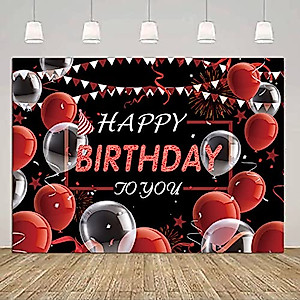 CGXINS Red and Black Happy Birthday Photography Backdrop Balloon Confetti Happy Birthday Banner for Men Woman Birthday Party Decorations 5x3ft Anniversary Party Photo Background