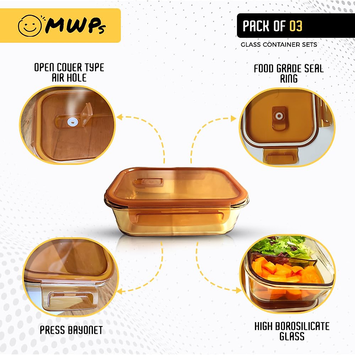 Glass Meal Prep Containers - 1, 2 & 3 Compartment (3 Pack, 36 oz), Reusable Glass Food Storage Containers with Lids, Bento Box Glass for Meal Prep