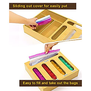 VenDotbi Bag Storage Organizer, Bamboo baggie organizer with Slider, Suitable for Kitchens and Countertop to Storage Gallon, Quart, Sandwich & Snack Bags and other Size Bag Organizer-Natural