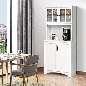 HOMCOM Accent Kitchen Buffet and Hutch Wooden Storage Cabinet with Glass Framed Door, and Microwave Space, White