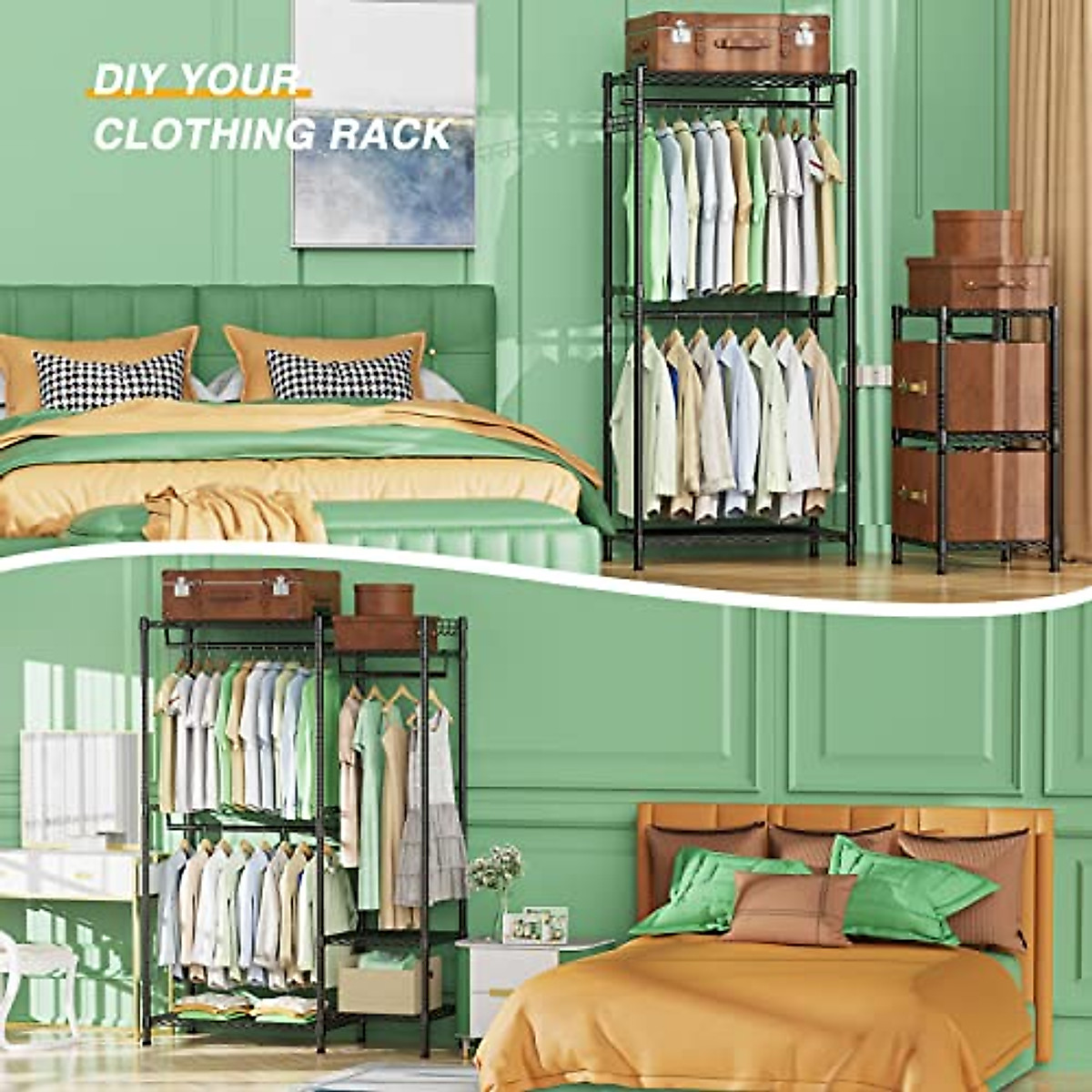 LEHOM G3 Garment Closet Rack Heavy Duty Freestanding Portable Wire Clothing Rack with Shelves, Adjustable, DIY Hanging Wardrobe Clothes Racks for Bedroom