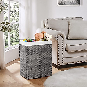 Paylesshere Laundry Basket Handwoven Laundry Hamper 90L/110L Foldable Rattan Laundry Hamper With Lid,2 Removable Liner Bags & 6 Laundry Bags,Clothes Hamper Bathroom Laundry Basket ,Grey