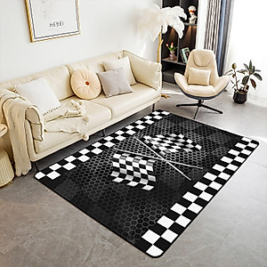 Black White Check Flag Print Area Rug 3'x5',Racing Car Extreme Sports Decor Non Shedding Rug for Kids Teen Adults,Geometry Square Honeycomb Decorative Carpet for Playroom Bedroom Dining Room