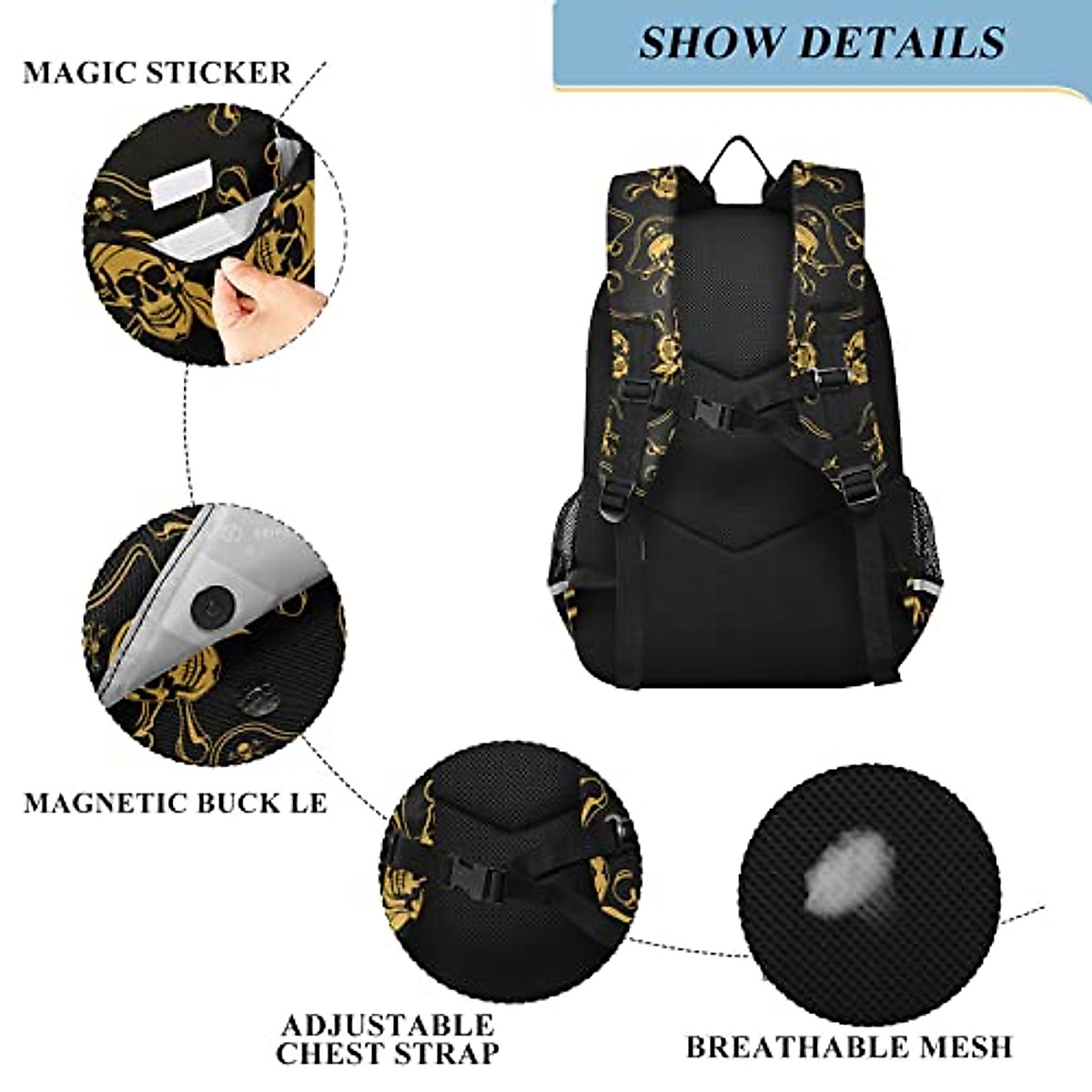senya Backpack for Boys Girls, Golden Pirate Skull Backpack Students Bookbag Daypack for School Primary Teens