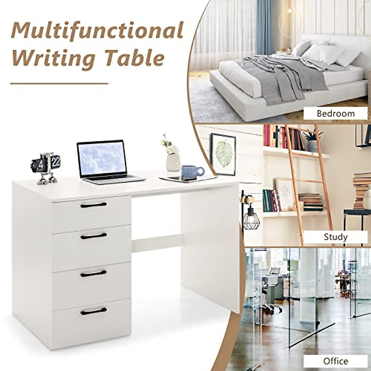 COSTWAY White Computer Desk with 4 Large Drawers, Home Office PC Desk Workstation for Writing, Modern Computer Table for Bedroom, Study, Living Room