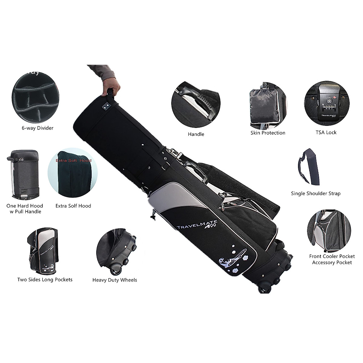 A99Golf Travel Mate with Cover Skin Wheeled W. TSA Lock Air Porter Golf Travel Bag cart Bag Golf Bags Golf Travel Cover( Blk/Grey)