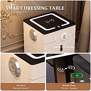 YIMAKEY Vanity Desk Lights Bluetooth: Grey 31 Inches Smart Makeup Vanity Table Set - Mirror Lights 5 Drawers Speakers Stool Charger Station Led Light - Adult Bluetooth Vanities for Corner