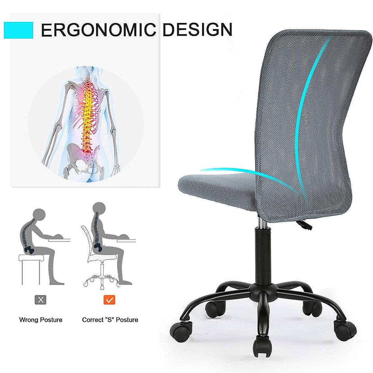 Ergonomic Office Chair Mesh Computer Chair Small Desk Chair Back Support Lumbar Support Modern Executive Adjustable Chair Mid Back Task Rolling Swivel Chair with Wheels Armless (Grey)