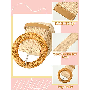 Geyoga 6 Pack Women Straw Belt Woven Elastic Stretch Waist Belt Skinny Braided Waist Belt Boho Rattan Belts with Wood Buckle Belts for Women Dress Belt, 2 Sizes