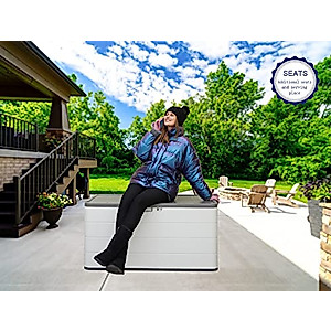 ADDOK Large Resin Deck Box Lockable, Outdoor Garden Storage Box Waterproof, Elegant Storage Bench for Cushions, Garden Tools and Pool Toys (White)