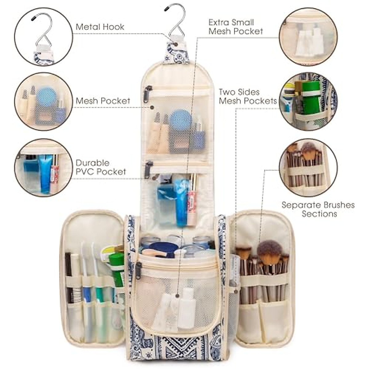 Narwey Small Hanging Toiletry Bag Women Travel Makeup Bag Organizer Toiletries Bag for Travel Size Essentials Accessories Cosmetics (Medium, Elephant)