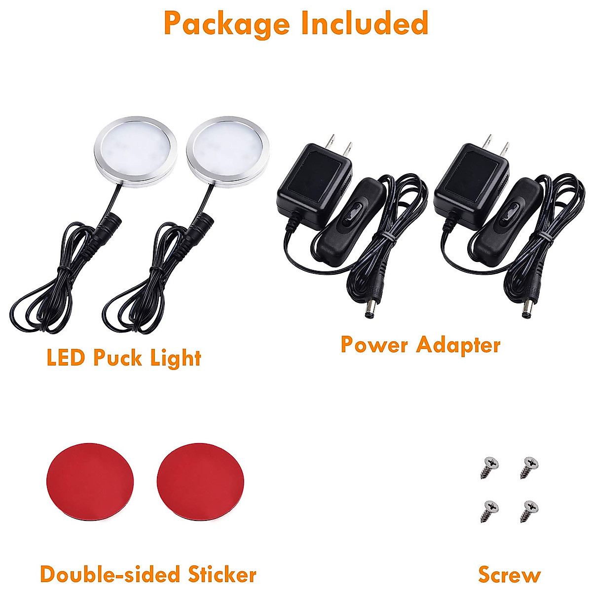Lvyinyin Single LED Puck Light for Under Obove Cabinet Counter Bar Shelf Back Lighting, 120V Electric Direct Wall Plug in, Handy On Off Switch, Black Cables, 2 Packs, Warm White