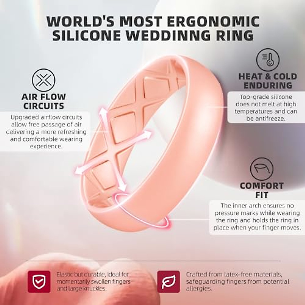 Egnaro Inner Arc Ergonomic Breathable Design, Silicone Rings for Women with half sizes, Women's Silicone Wedding Band，5mm Wide-2mm Thick