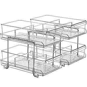 2 Set 2 Tier Clear Organizers and Storage with Dividers, Pull Out Under Sink Organizer, Multi-Purpose Drawer Basket, Kitchen Bathroom Countertop Vanity Pantry, Medicine Cabinet Storage Bins
