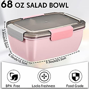 Potchen 4 Packs Salad Lunch Container 68 oz Large Bento Box Adult Bowl with 5 Compartments Dressings Style Tray for Toppings, Blue, Pink