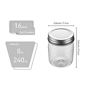 Party Club of America 16 Pack 8OZ Sliver Plastic Jars With Screw On Lids，Plastic Mason Jars Food Storage Container For Storing Dry Food, Candy, Cream,Peanut, Butter