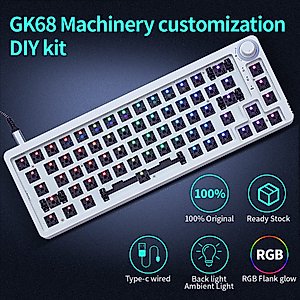 GK68 RGB Hot-Swappable Programmable Junction Box Can Be Replaced with Switch DIY Mechanical Keyboard Kit, Support AKKO, Cherry MX, Gateron, Kailh Mechanical Axis (White, White)