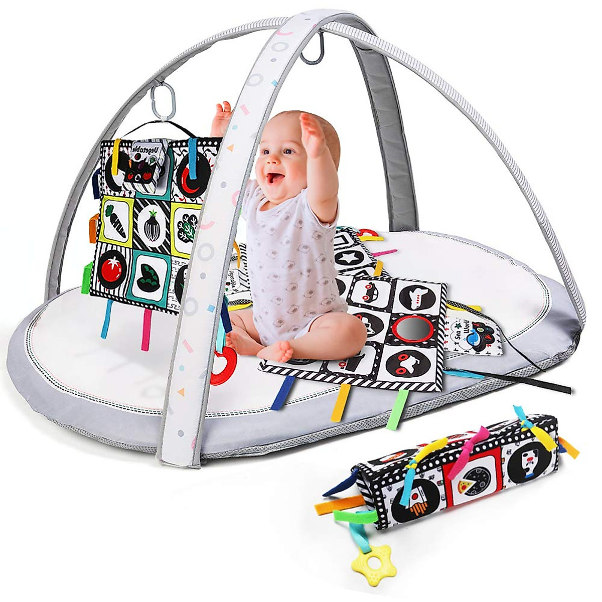 teytoy Tummy Time Floor Mirror, Double High Contrast Play and Pat Activity Mat Black and White Baby Crinkle Toys with Teether, Great Gift for Infants Boys and Girls -Pack of 4