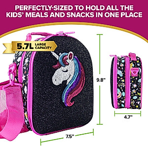 Decorably Insulated Hard Top Sequined Glittery Unicorn Girls Lunch Boxes for School, Easy-to-Clean Kids Lunch Bag with 2 Main Compartments and Water Bottle Holder