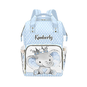 Liveweike Prince Elephant Dot Personalized Diaper Bag Backpack Custom Name Daypack Large Mommy Bag for Teen Girl Boy Student