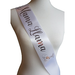 Amy's Bubbling Boutique Mama Llama Baby Shower Sash for Mom to Be White & Rose Gold with Adjustable Rhinestone Safety Pin