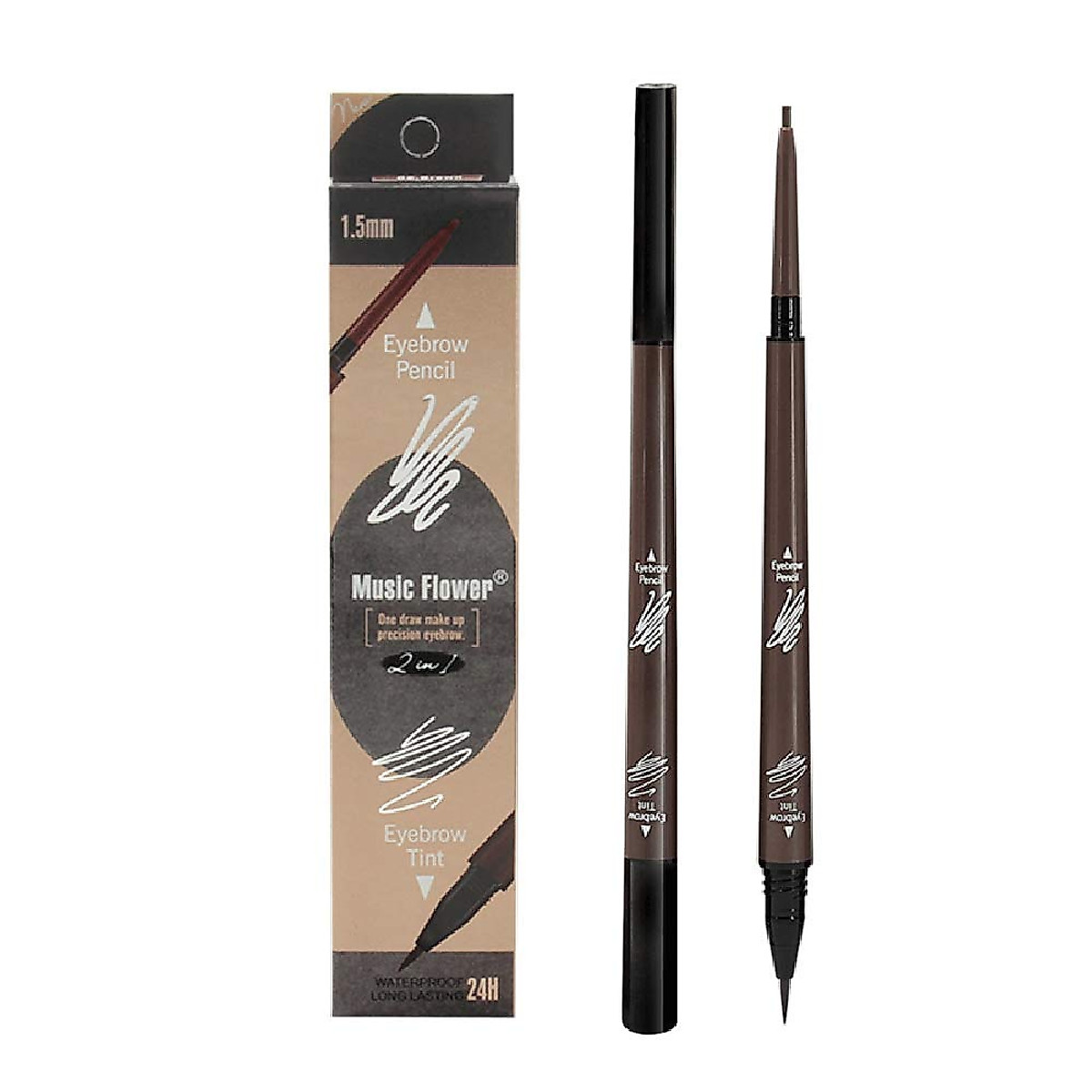 Music Flower 2 in 1 Eyebrow Pencil - Waterproof & Long Lasting Liquid Eyebrow Pen - Dual Ended Pencil Fills and Defines Brow Tint with the Precision & Definition of Microblading, Brown