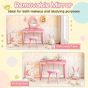 HONEY JOY Pink Crown Makeup Vanity, Includes Chair & Real Glass Mirror, Large Engineered Wood Kids' Vanity Set, Safe & Sturdy, Easy to Install & Clean, Pink