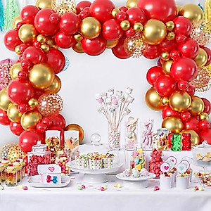 Red Gold Balloons Garland Arch Kit, 18/12/10/5 inch Red Metal Gold Latex Balloon Set with Gold Confetti Balloons for Graduation Baby Shower Wedding Valentine's Day Birthday Anniversary Supplies