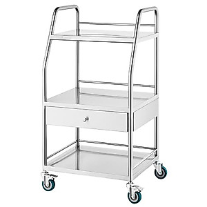 VEVOR Utility Cart with 3 Shelves Shelf Stainless Steel with Wheels Rolling Cart Commercial Wheel Dental Lab Cart Utility Services (3 Shelves/ 1 Drawer)