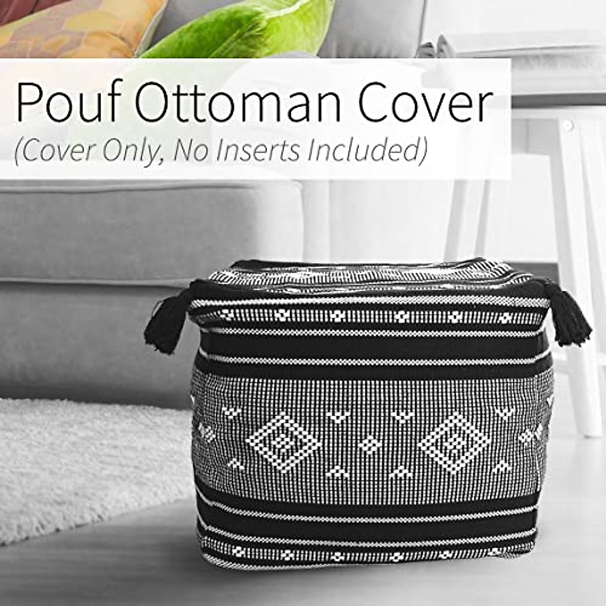 LEGACI Terrace Pouf Ottoman Outdoor Stuffable Footrest Cushion Ottoman Pouf Cover Unstuffed Storage Pouf with Multiple Filling Options Stuffable Ottoman Black and White Pouf Ottoman 18"x18"x16"