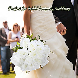 Zeyune 8 Bunches 17.3" Artificial Silk Rose Flowers, Fake Roses Flower Bouquet 56 Heads Whit Artificial Roses Flowers Bulk with Stems for Bridal Wedding Home Mother's Day Decor(White)