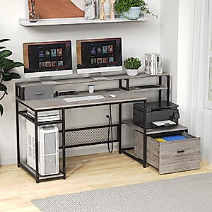AYEASY Home Office Desk with Monitor Stand Shelf, 66 inch Large Computer Desk with Power Outlet and USB Charging Port, Computer Table with Drawers and Storage Shelves, Study Writing Desk, Wash Gray