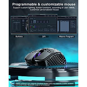 SOLAKAKA SM600 Honeycomb Shell Gaming Mouse Wireless,8000 DPI Tri-Modes BT5.1/2.4G Wireless/Type-C Wired Gamer Mouse with 2 Side Buttons, Macro Programmable and RGB Light for PC/Mac/Laptop,Black