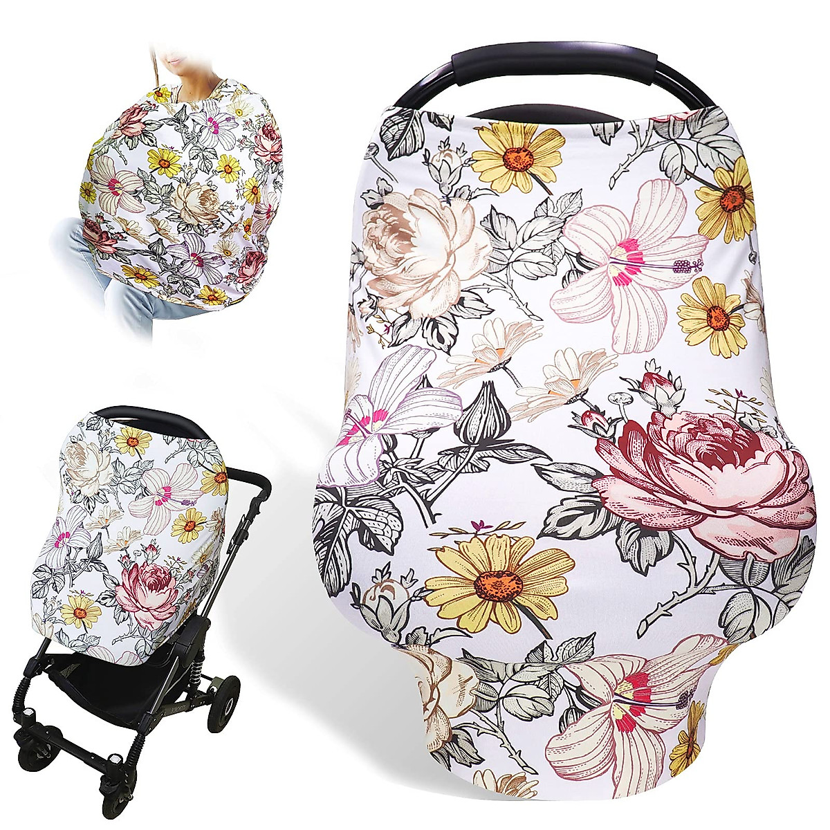 HNHUAMING Floral Baby Car Seat Cover Girls, Infant Carseat Canopy, Floral Baby Poncho for Girls, Toddler Minky Wear Hooded Warm Winter Outerwear Capes Poncho Coat With Zipper