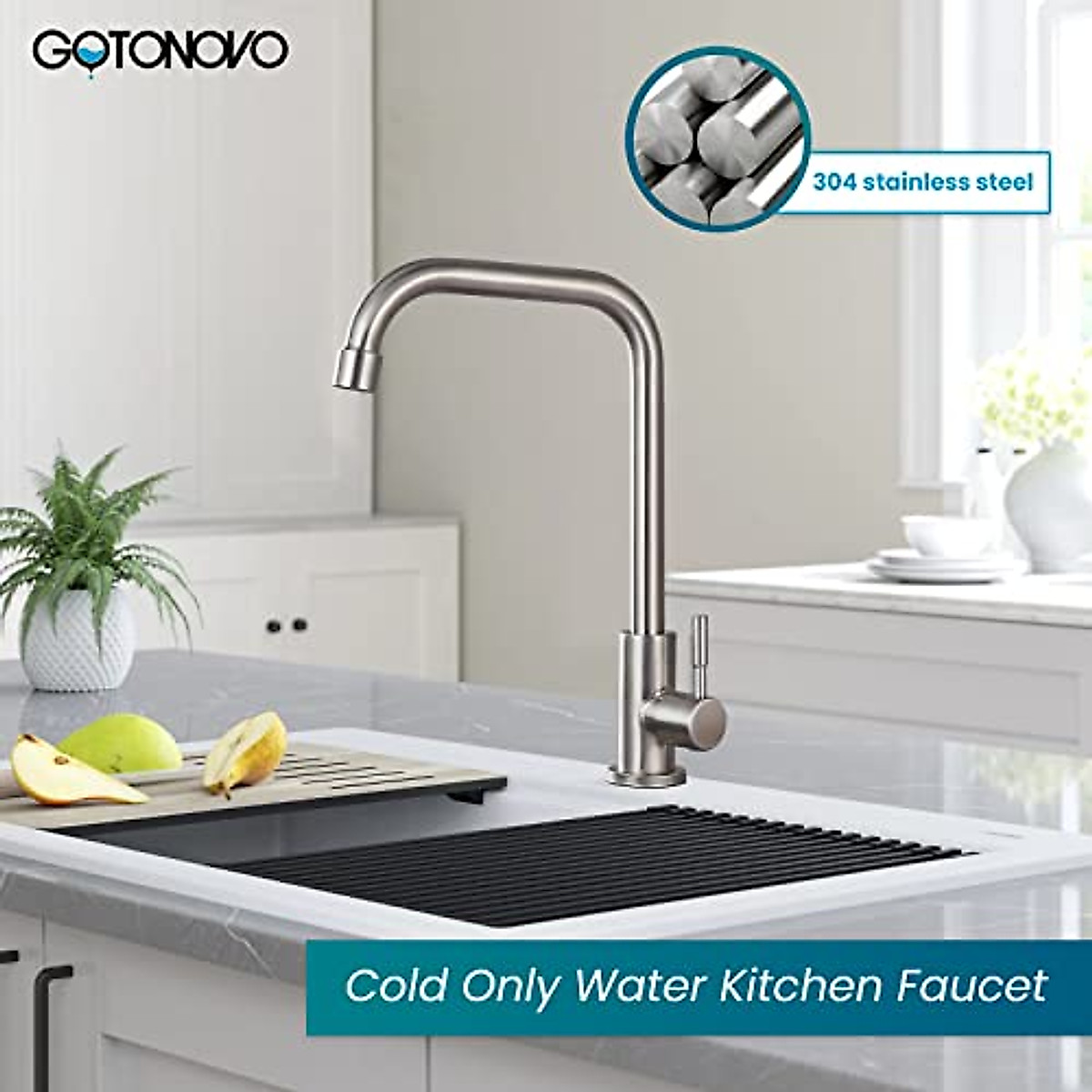 304 Stainless Steel Cold Water Kitchen Faucet Commercial Tap 90 Degree Bar Faucet Single Lever Brushed Nickel Modern Saving Water