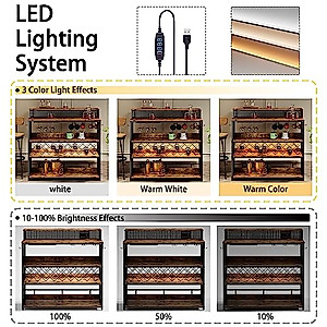 IRONCK Bar Cabinet with LED Lights and Charging Station, Home Bar Unit 4 Tiers with Wine Racks, Glass Holders, Industrial Storage Buffet Cabinet for Kitchen, Dining Room, Living Room
