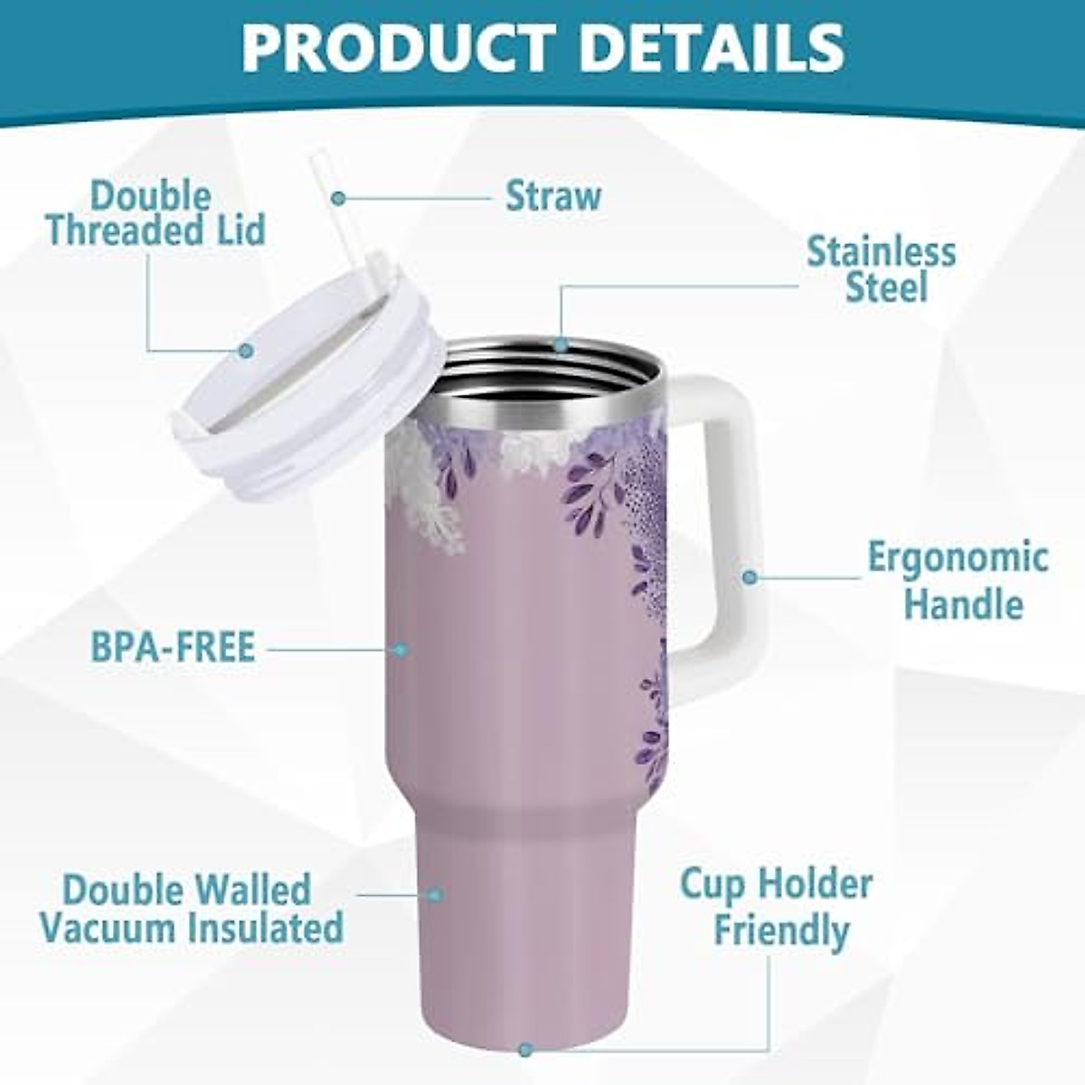 PaChyLuu 40 oz Insulated Tumbler with Handle and Straw Lid, Lilac Flowers Leak-Proof Stainless Steel Travel Coffee Mug for Car Cup Holder