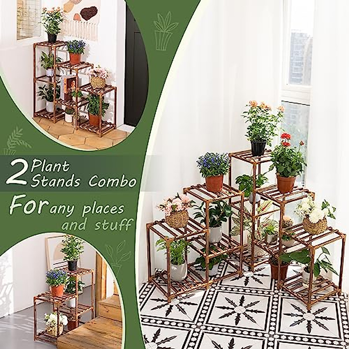 Uneedem Wood Plant Stand Indoor Outdoor Corner Plant Shelf Stand, 5 Tiered 10 Potted Flower Plant Stands for Indoor Plants Multiple, Plant Shelves Stands Rack for Living Room, Patio, Balcony