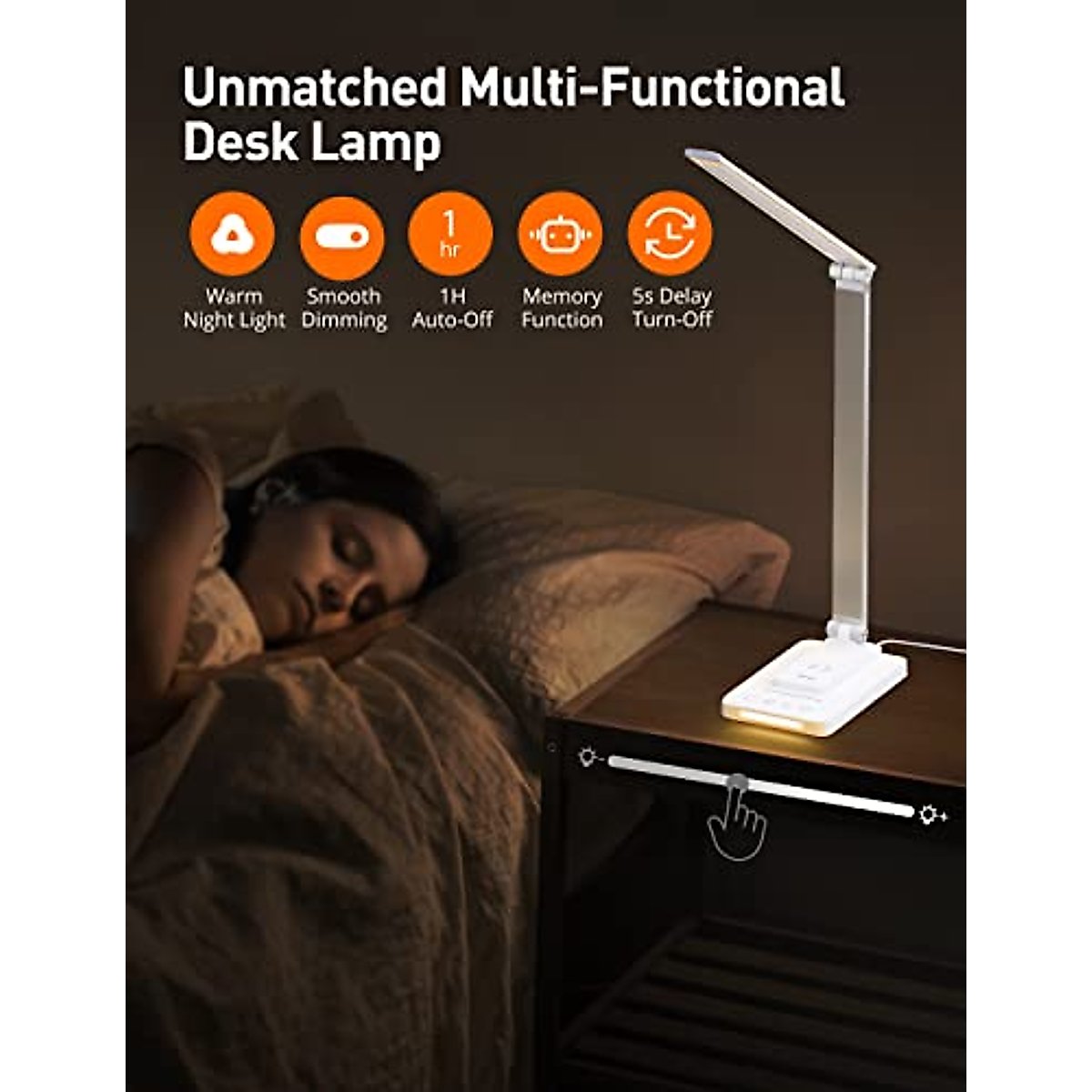 sympa LED Desk Lamp with Wireless Charger, Night Light, Dimmable Table Lamp with USB Charging Port, 5 Brightness & 5 Lighting Modes, 60 min Timer, Memory Function for Home Nail Office Reading