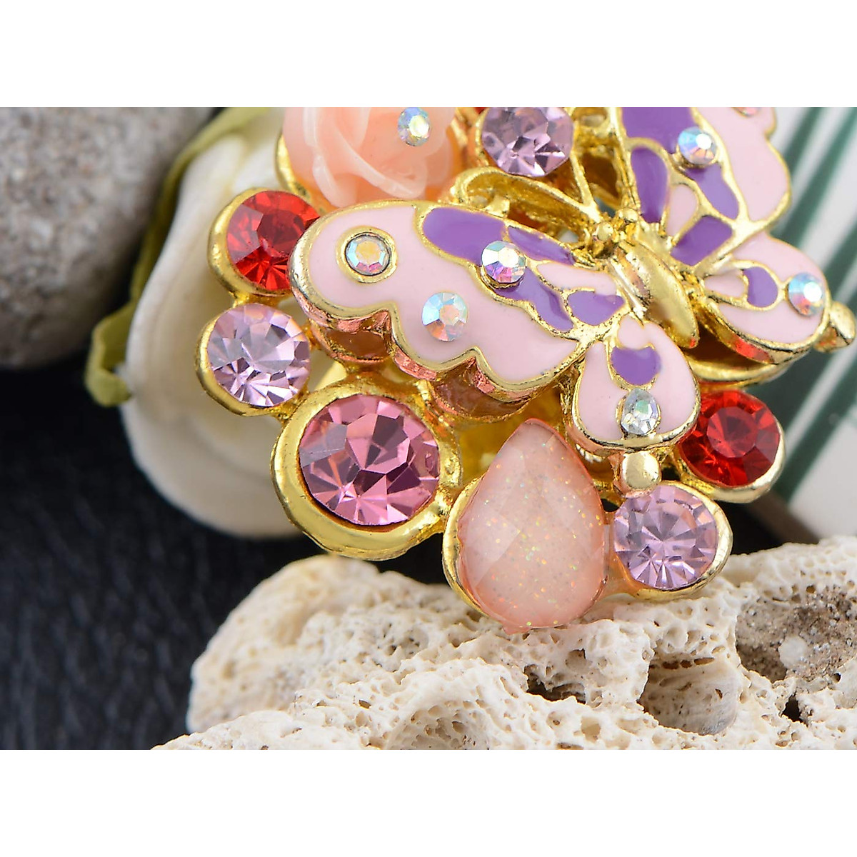 Alilang Golden Tone Shine Pink Crystal Rhinestones Enamel Butterfly Insect Flower Fashion Ring